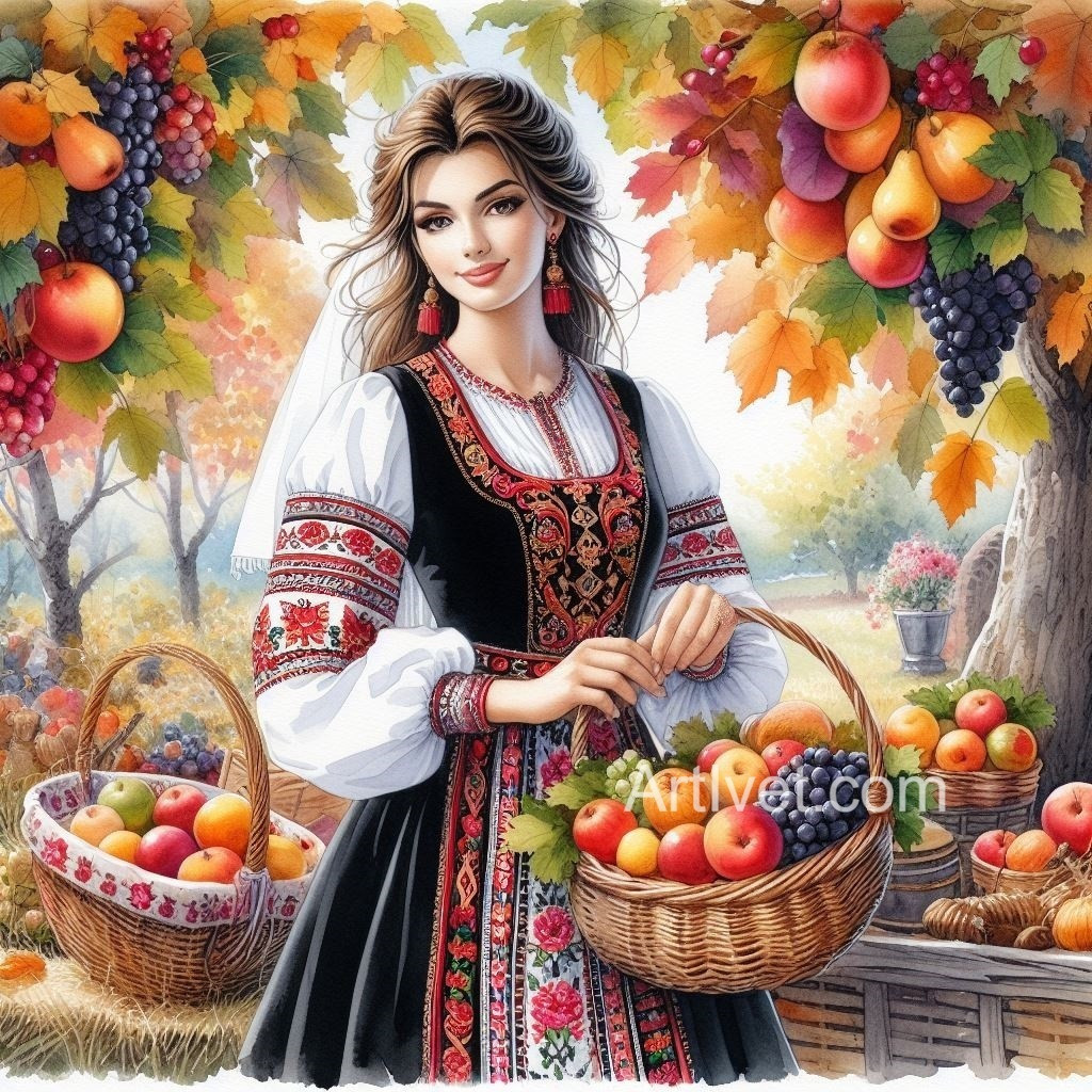 Pictura pe numere - Fata cu merele de toamna 40х40 сm - 7cutii.com