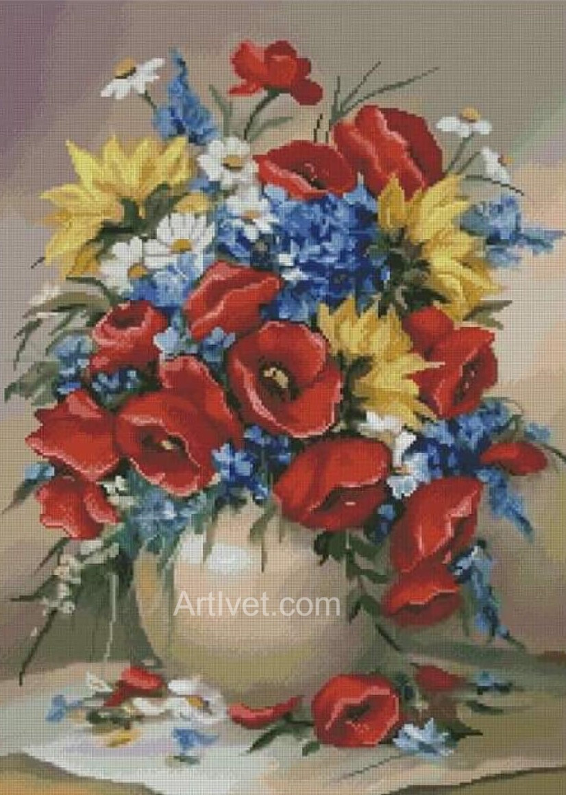 Set Goblen - Buchet de vara in vaza alba - 7cutii.com