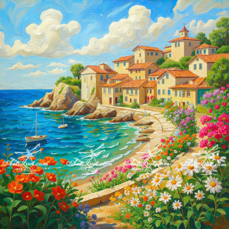 Pictura pe numere - Marea inconjurata de case si flori 40х40 сm ...